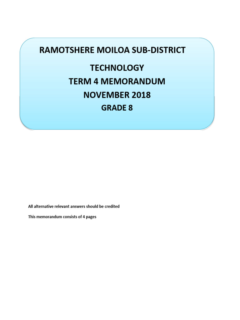 Grade 8 Technology Memo Nov 2018 | PDF | Electricity