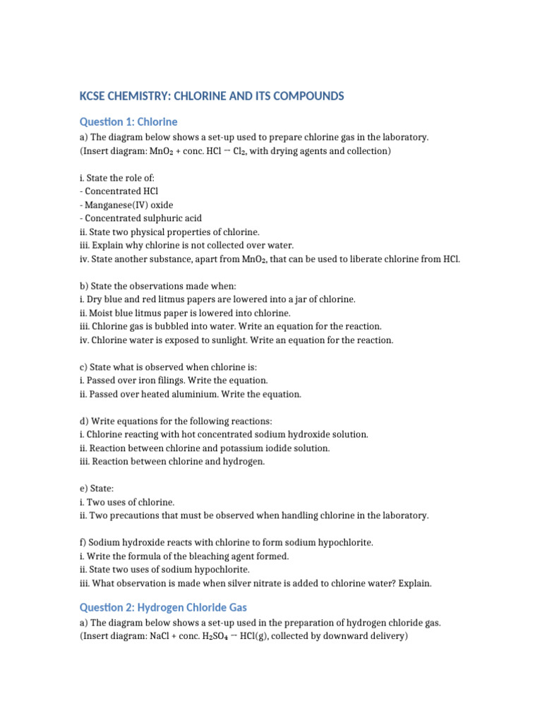 KCSE Chlorine Questions | PDF | Chlorine | Hydrochloric Acid