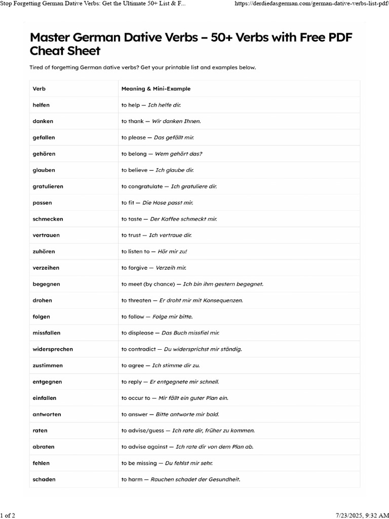 Ultimate Guide to German Dative Verbs | PDF