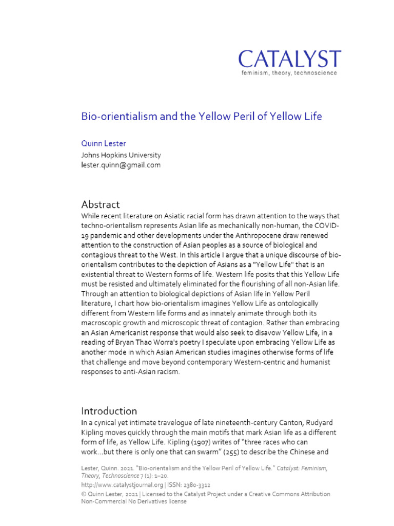Bio-Orientalism and The Yellow Peril of Yellow Life | PDF