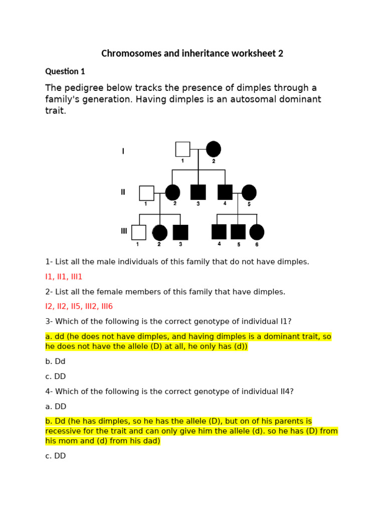 Chromosomes and Inheritance Worksheet 2- Answer Key | PDF | Genotype ...