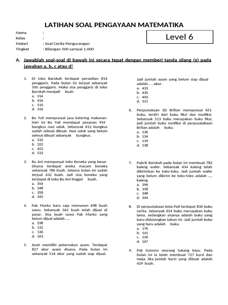 Soal Cerita Pengurangan Kelas 4 SD Level 6 | PDF