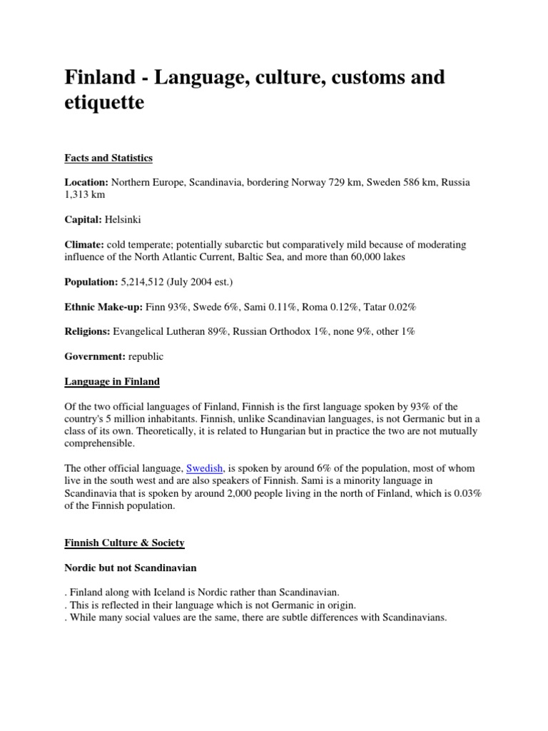 Finland - Language, Culture, Customs and Etiquette: Swedish | PDF ...
