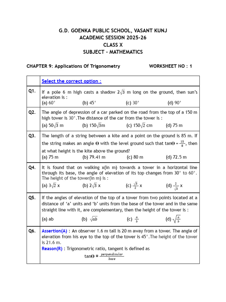 Trigonometry Applications Worksheet Class X | PDF | Air Traffic Control ...