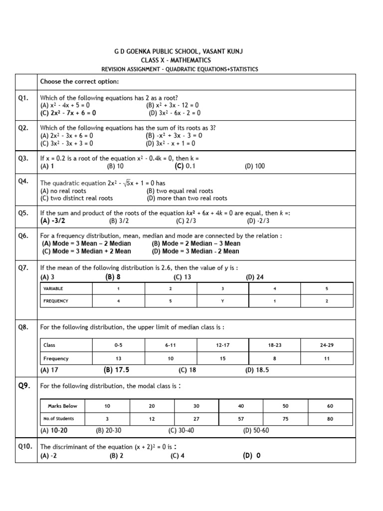 Revision Quadratic Equations+Statistics Class 10 2025 26 | PDF | Speed ...