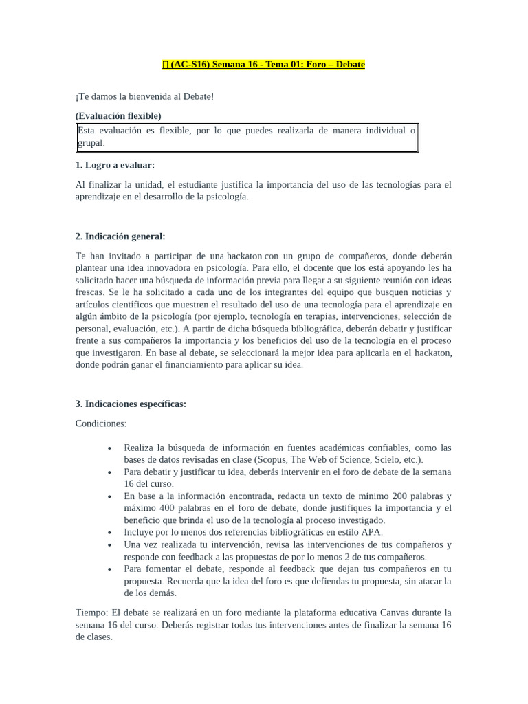 ? (AC-S16) Semana 16 - Tema 01 Foro – Debate (terminado_) - TECNOLOGIAS DEL APRENDIZAJE | PDF ...