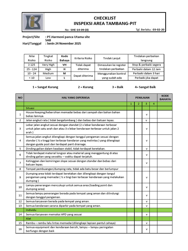 Checklist Inspeksi K3 Area Tambang | PDF