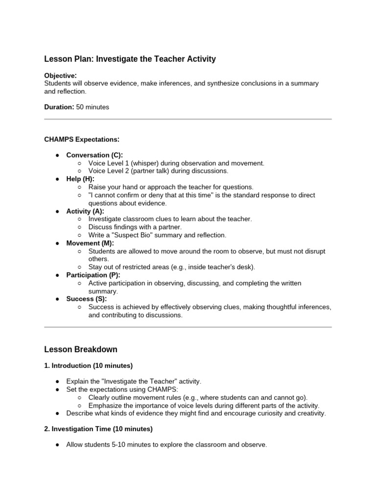 Teacher Investigation Lesson Plan | PDF | Teachers | Lesson Plan