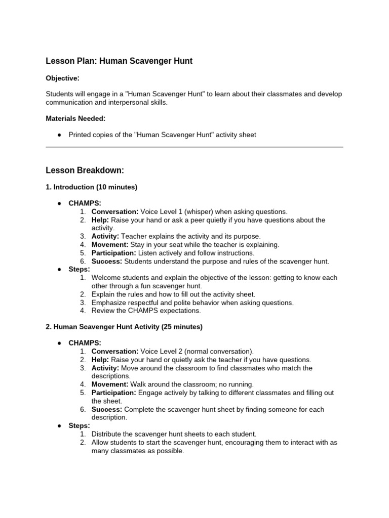 Lesson Plan - Human Scavenger Hunt | PDF | Lesson Plan | Teachers