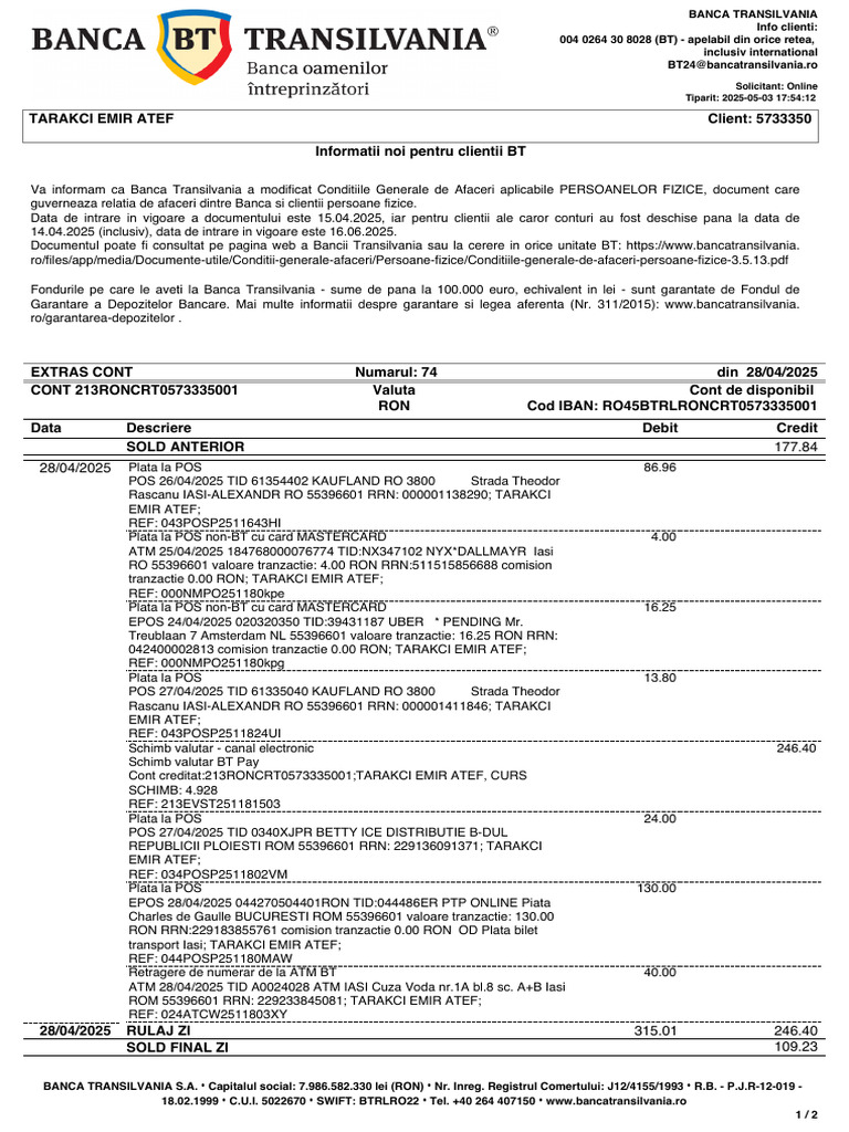 Banca Transilvania: Extras Cont 28 Aprilie 2025 | PDF