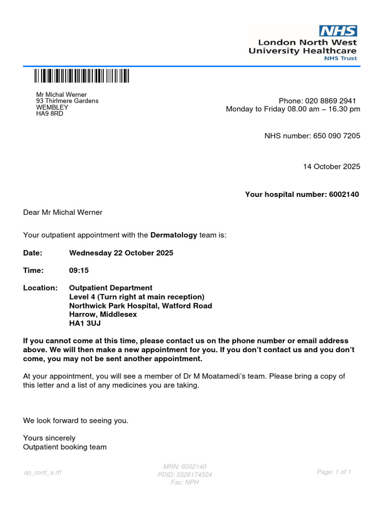 Dermatology Appointment Confirmation | PDF