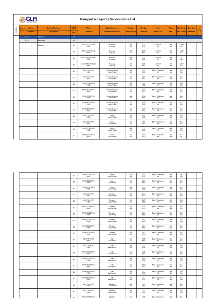 Transport & Logistics Price List | PDF