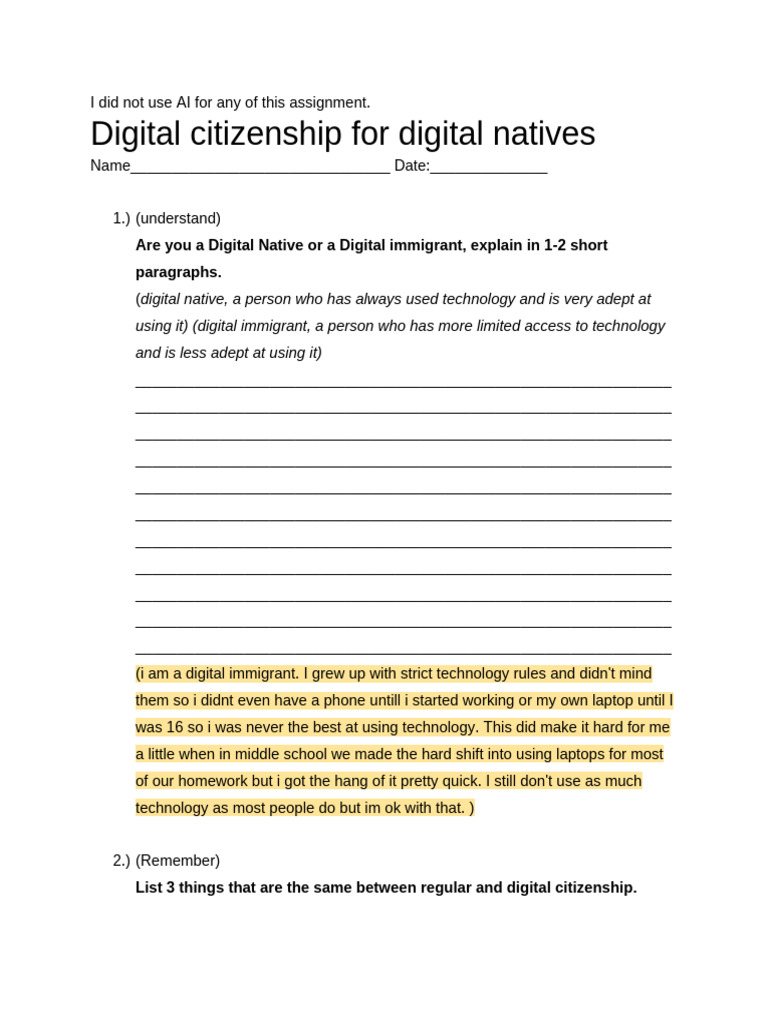 Digital Citizenship Worksheet | PDF