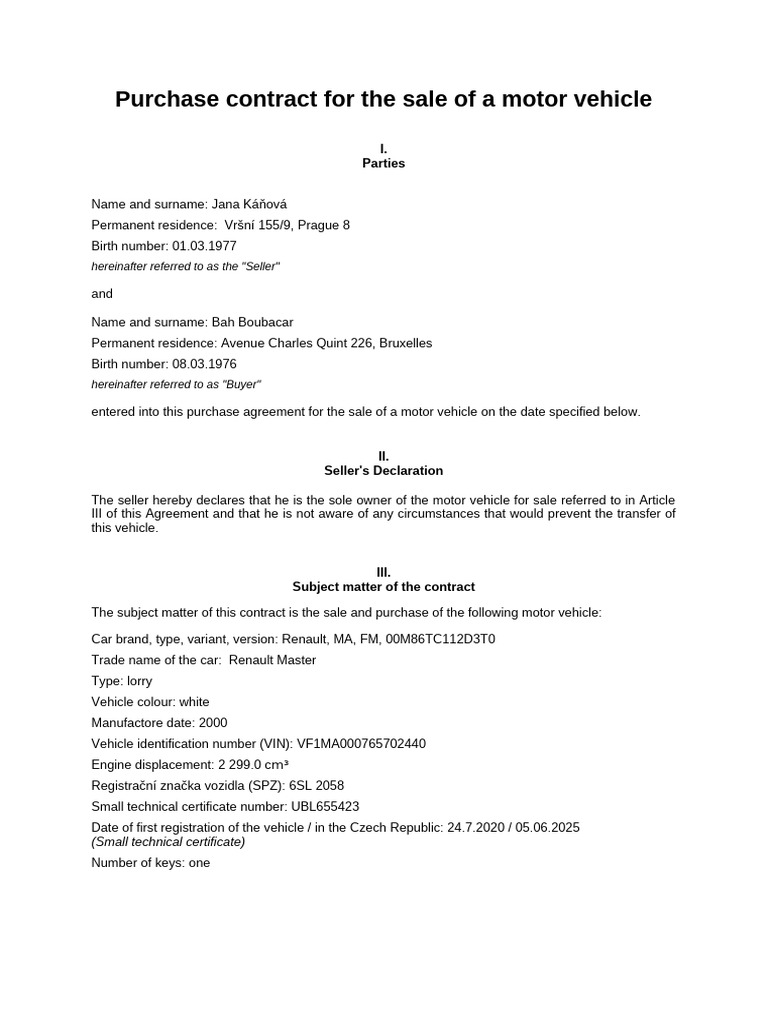 Motor Vehicle Purchase Contract Template | PDF | Procurement | Private Law