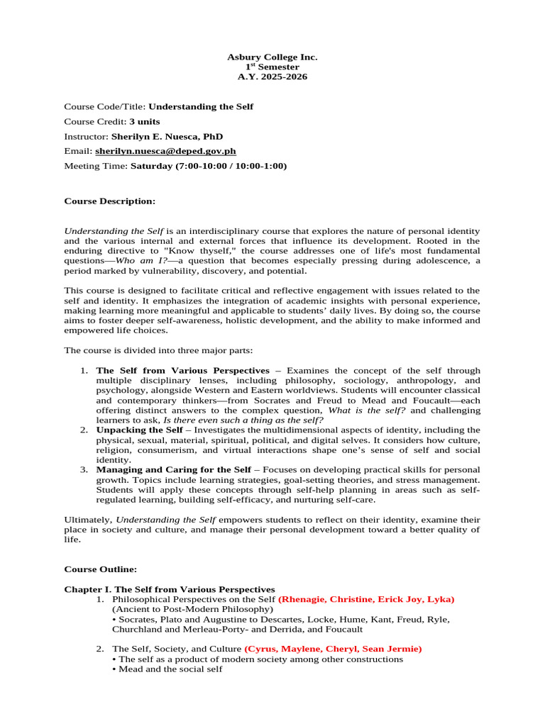 UTS Syllabus 2025 BEEd and CE | PDF | Self | Self Concept