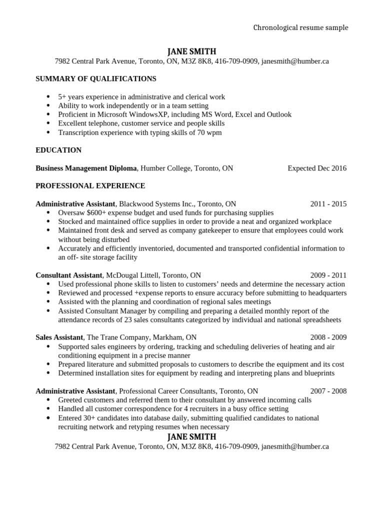Chronological Resume for Administrative Roles | PDF | Microsoft Excel ...