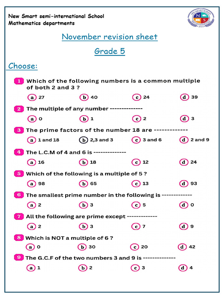 November Revision Sheet Grade 5 Choose:: New Smart Semi-International ...
