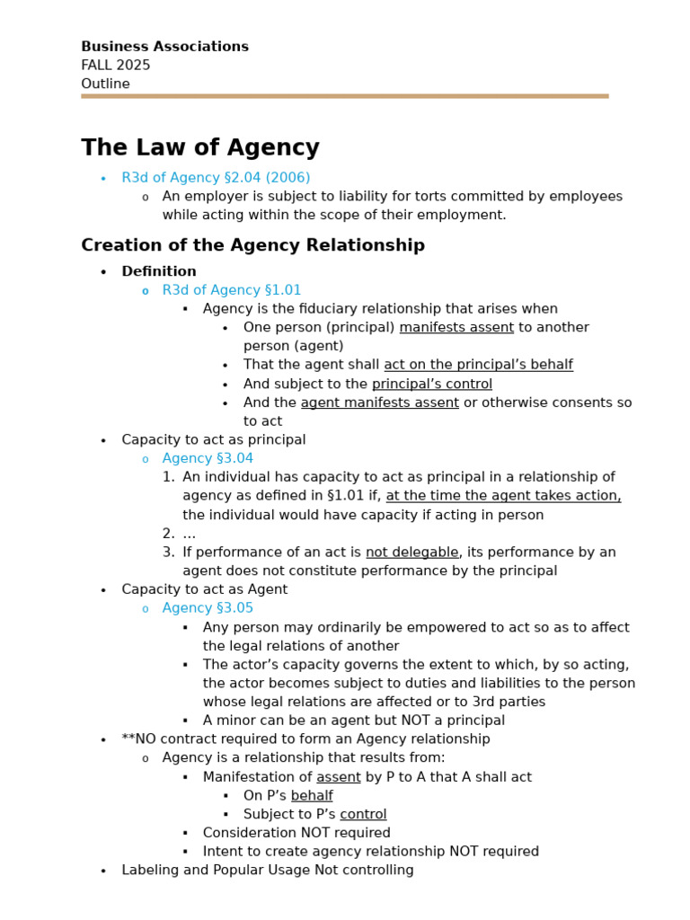 Ba Outline Fall 2025 | PDF | Law Of Agency | Legal Liability