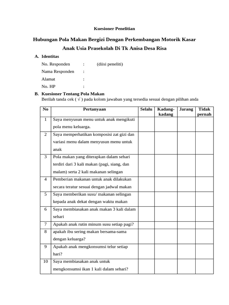 Kuesioner Penelitian Wiwin Intan | PDF