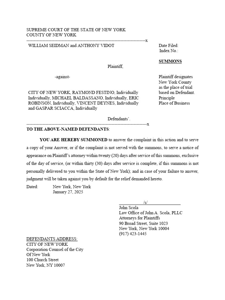 NOT ASSIGNED William Seidman Et Al v City of N | PDF | Complaint | New York City Police Department
