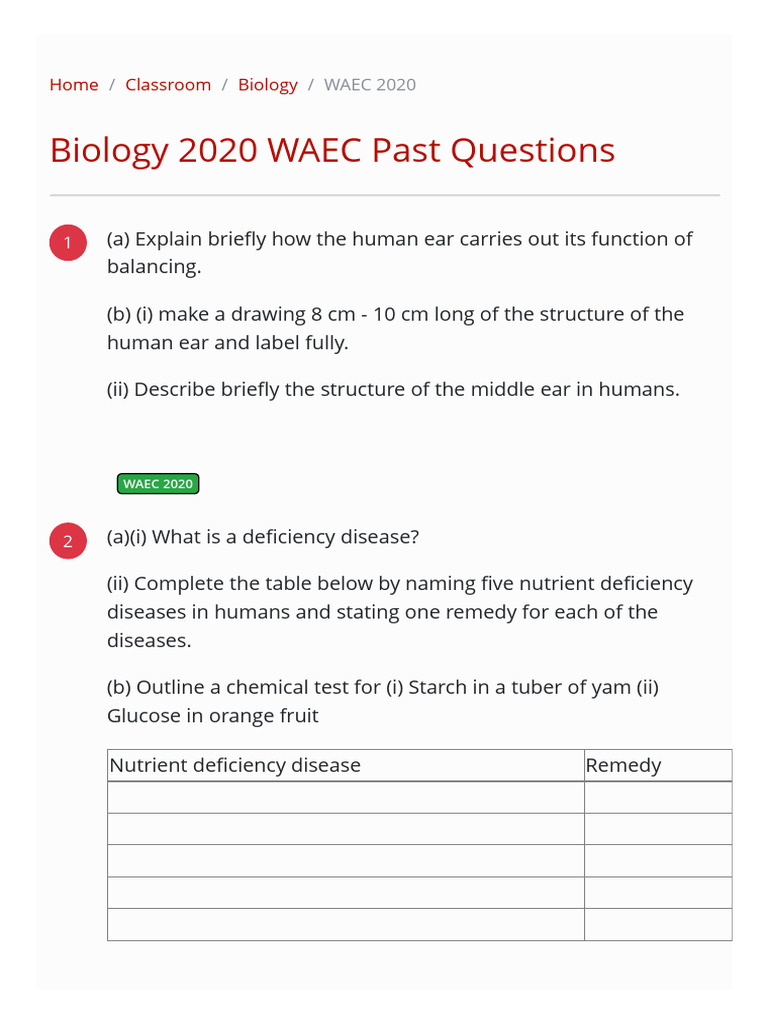 WAEC 2020 Biology Past Questions | PDF | Biology