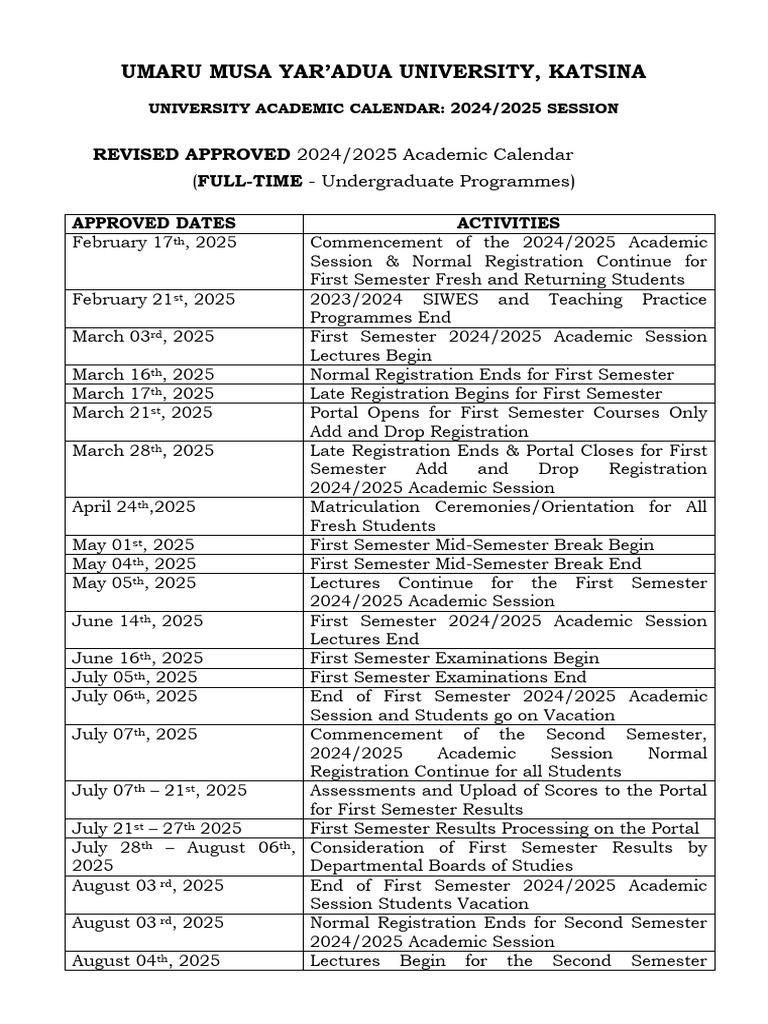 Umyu Revised Approved 2024-2025 Academic Session Calendars for Ug, Mbbs ...