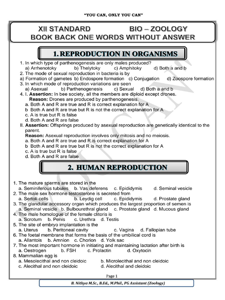 +2 Bio-Zoo_EM_Lns 1-12 Oneword Without Answer | PDF