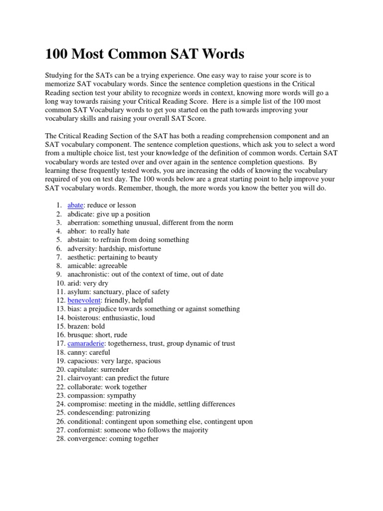 100 Most Common SAT Words | PDF | Sat | Vocabulary
