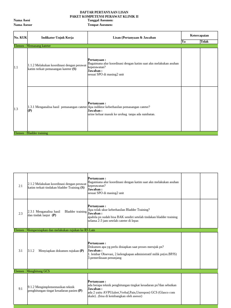 Pertanyaan Lisan untuk Perawat Klinik II | PDF