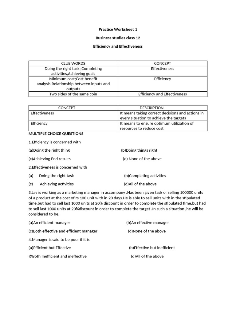 Class 12 Worksheet 1.2023 | PDF | Efficiency | Business Economics