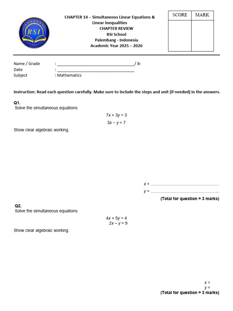 Simultaneous Linear Equations - Linear Inequalities - Chapter Review ...