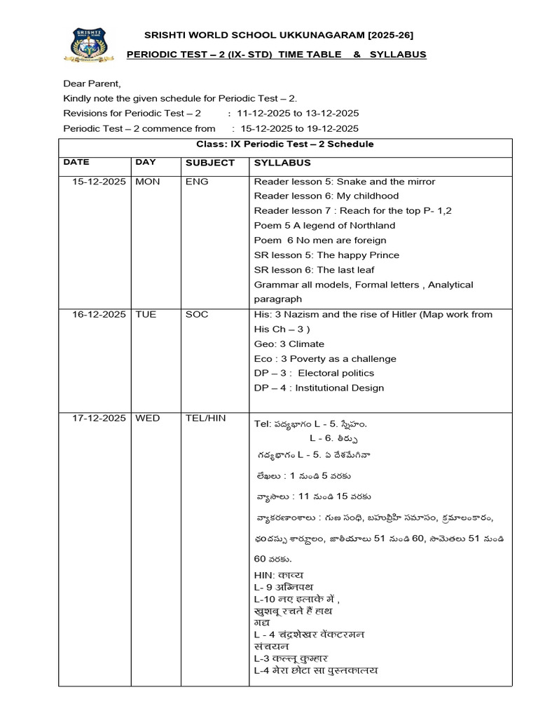 Class - 9 P.T - 2 Time Table & Syllabus | PDF