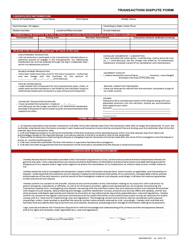 Dispute Form Blank | PDF | Credit Card | Business