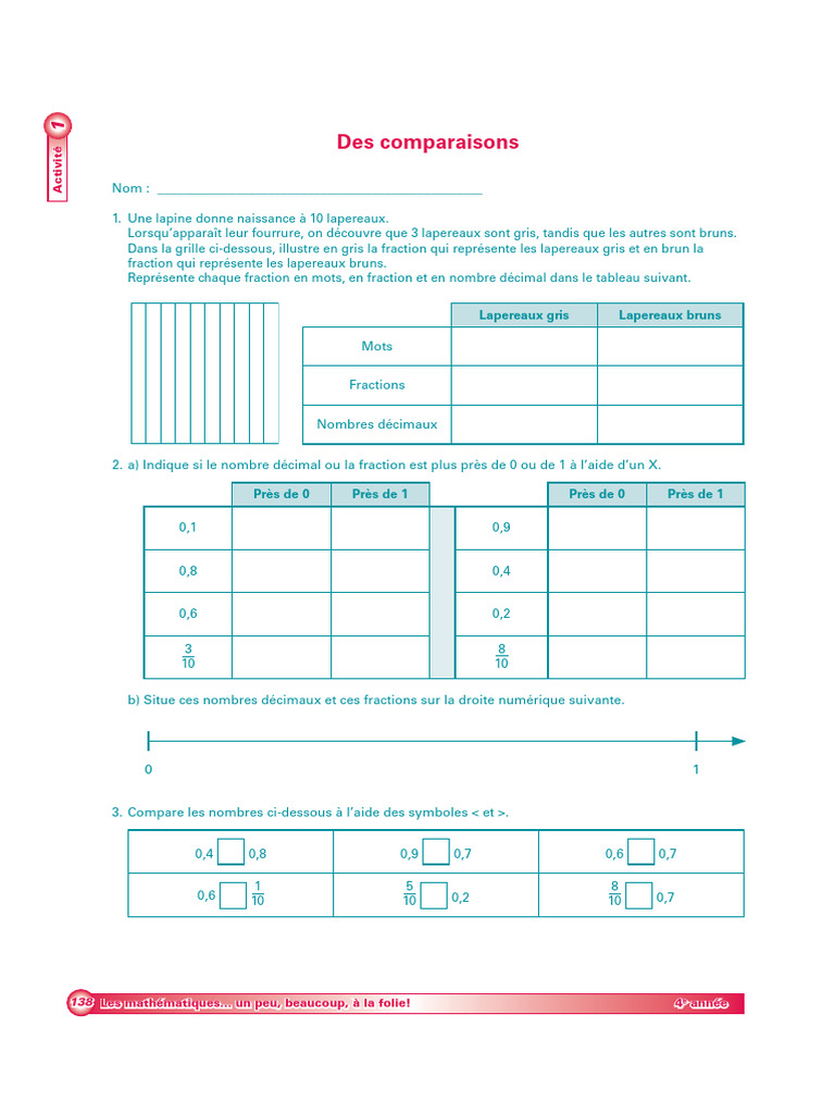 Comparaison de fractions et décimaux 4e année | PDF | Théorie des ...