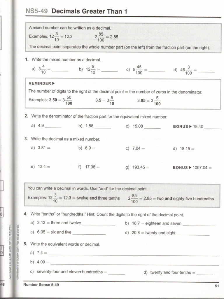 Decimals Greater Than 1 Worksheet | PDF