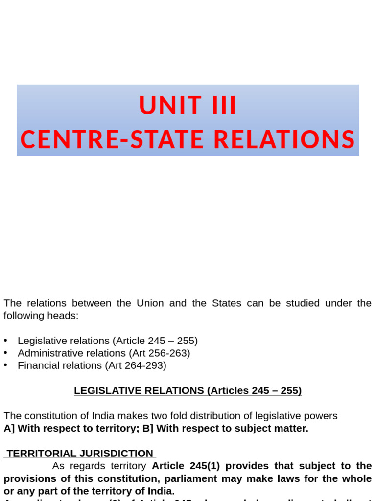 Centre-State Relations in India | PDF | Jurisdiction | Public Law