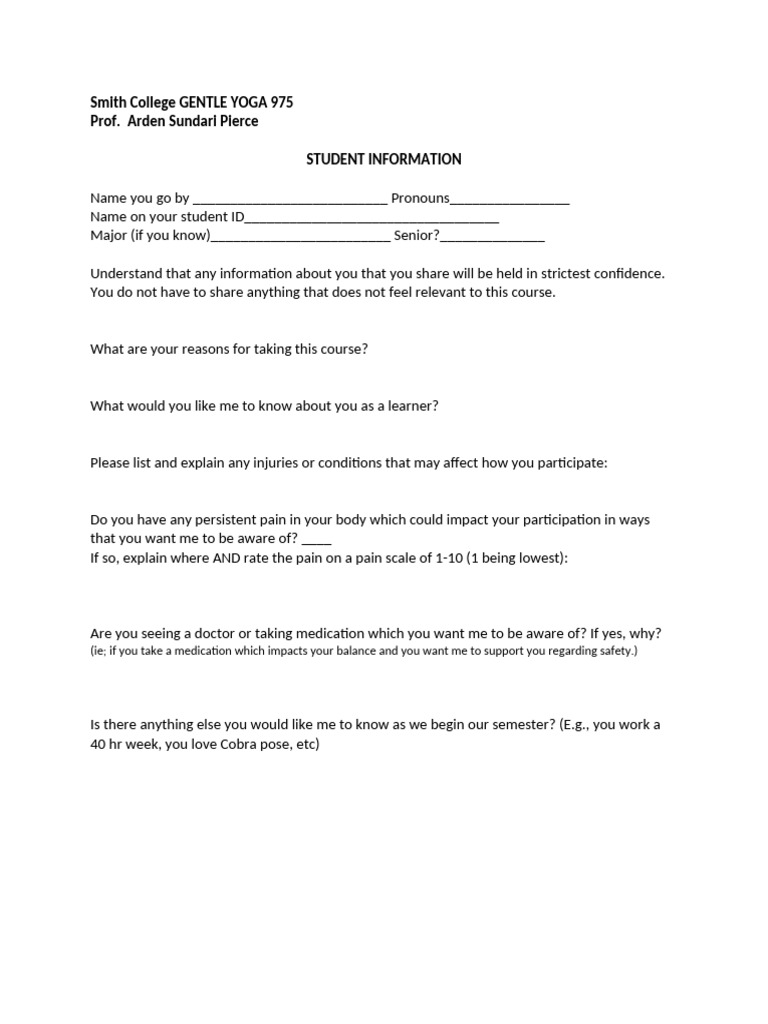 Smith Student Info Form | PDF