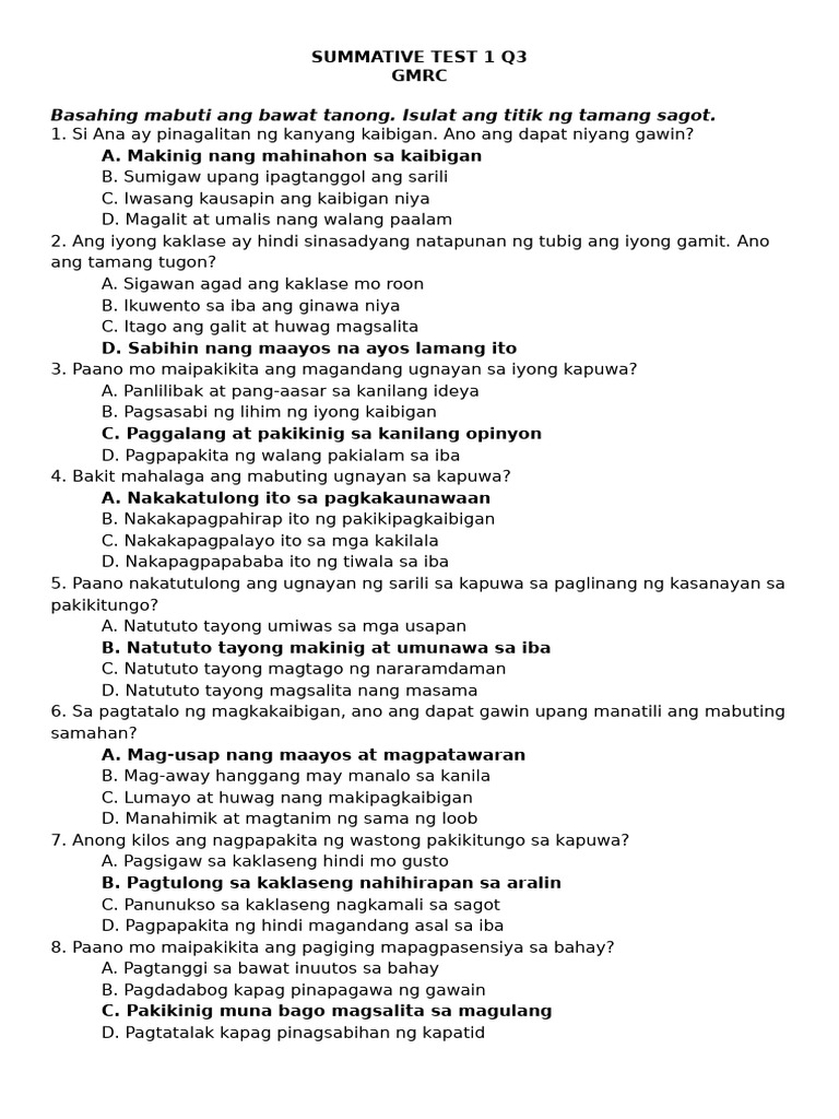 GMRC Summative Test 1 q3 | PDF