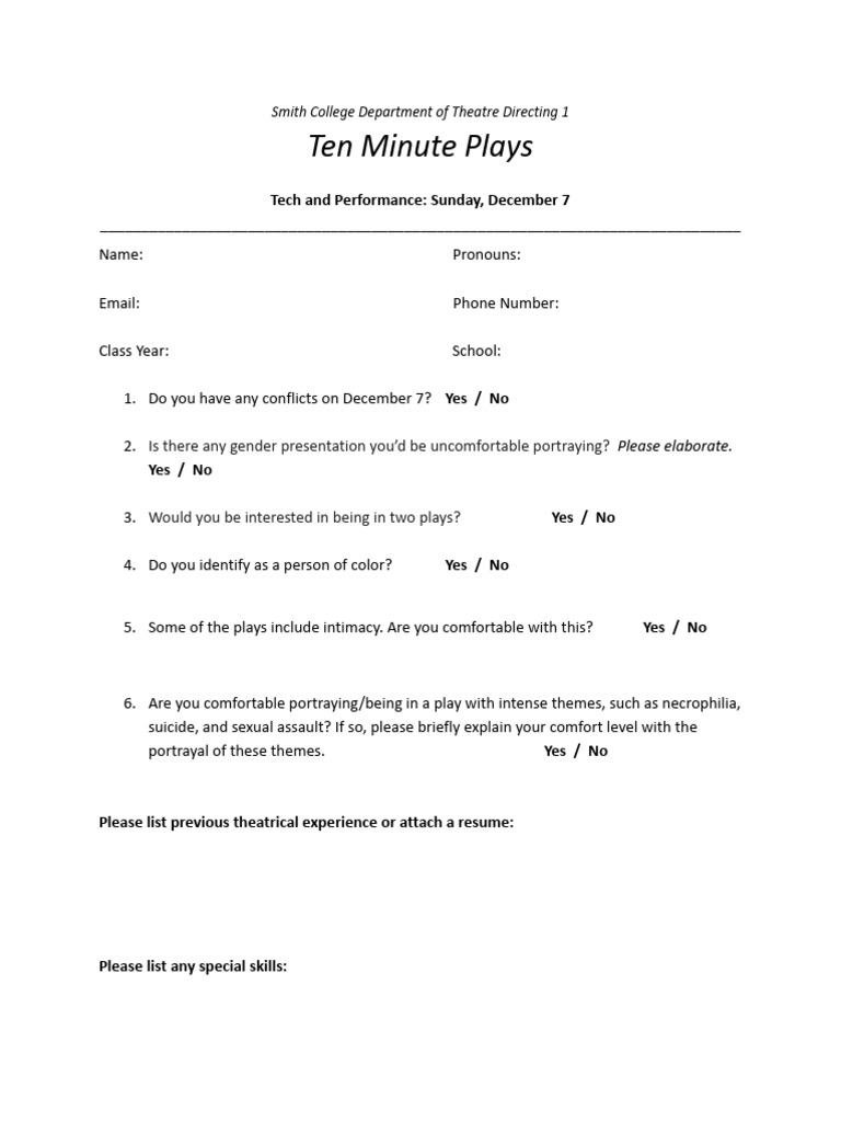 Ten Minute Play Audition Form | PDF