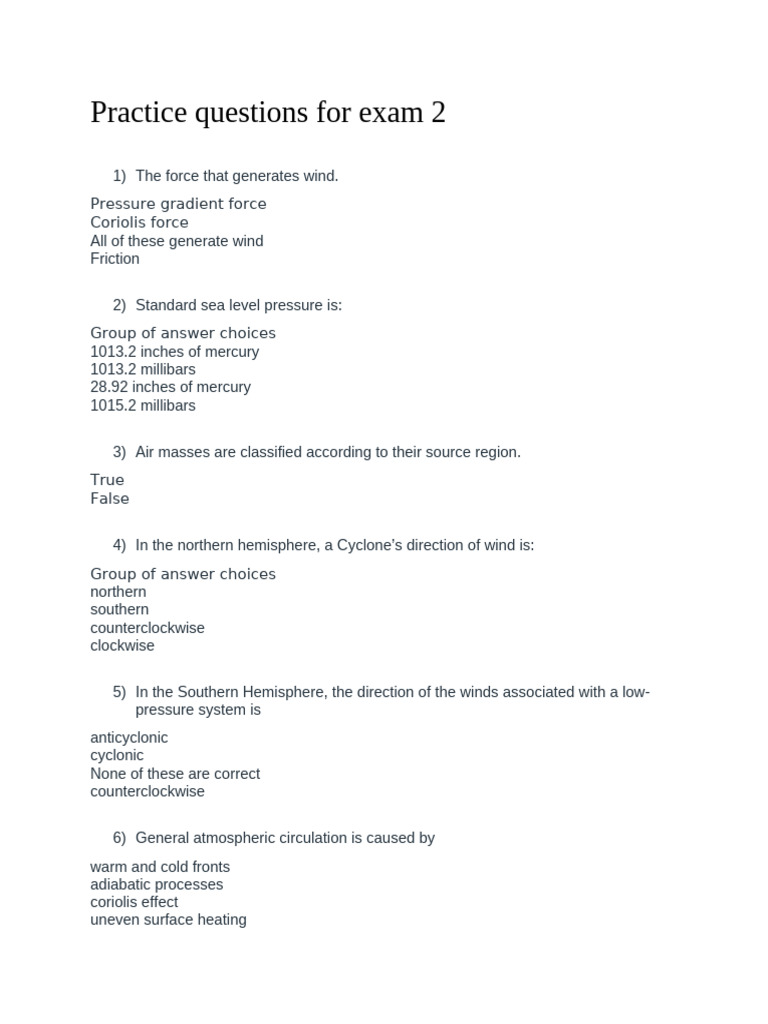 Exam 2 Practice Questions on Meteorology | PDF | Wound | Water Vapor