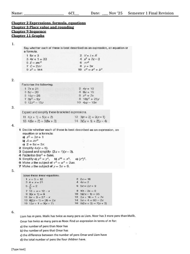 Math Revision: Expressions & Graphs | PDF