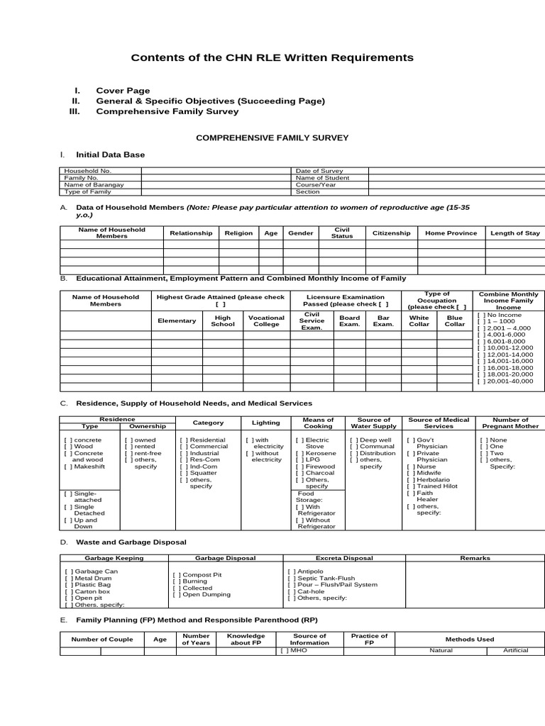 CHN RLE Family Survey Requirements | PDF | Pregnancy | Nursing