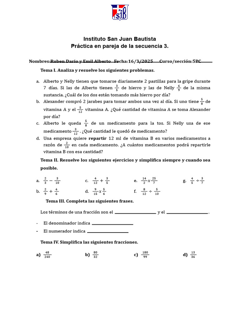 Práctica Sobre Las Fracciones | PDF