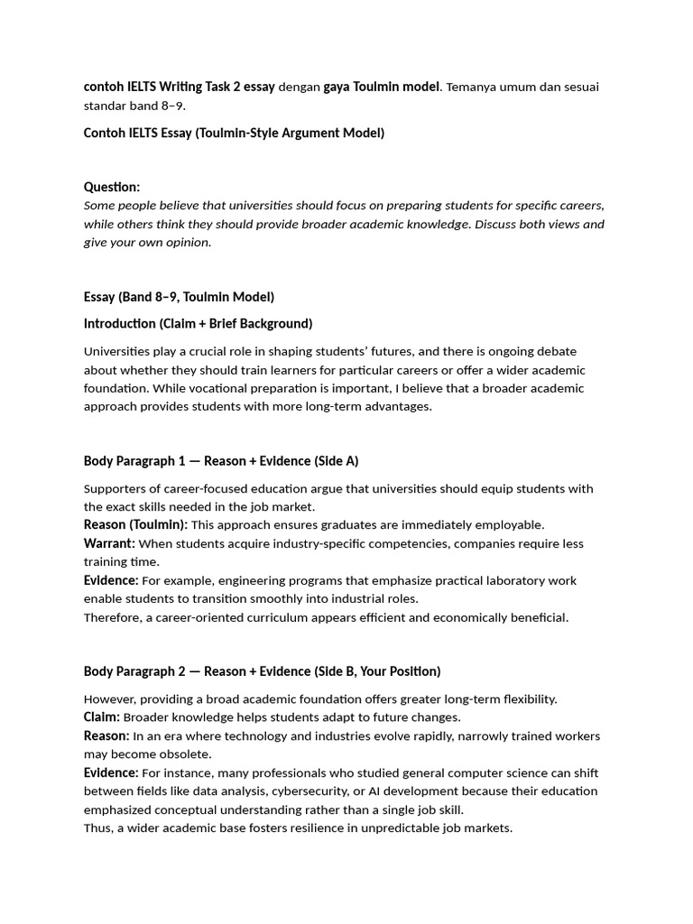 Contoh IELTS Writing Task 2 Essay Dengan Gaya Toulmin Model | PDF ...