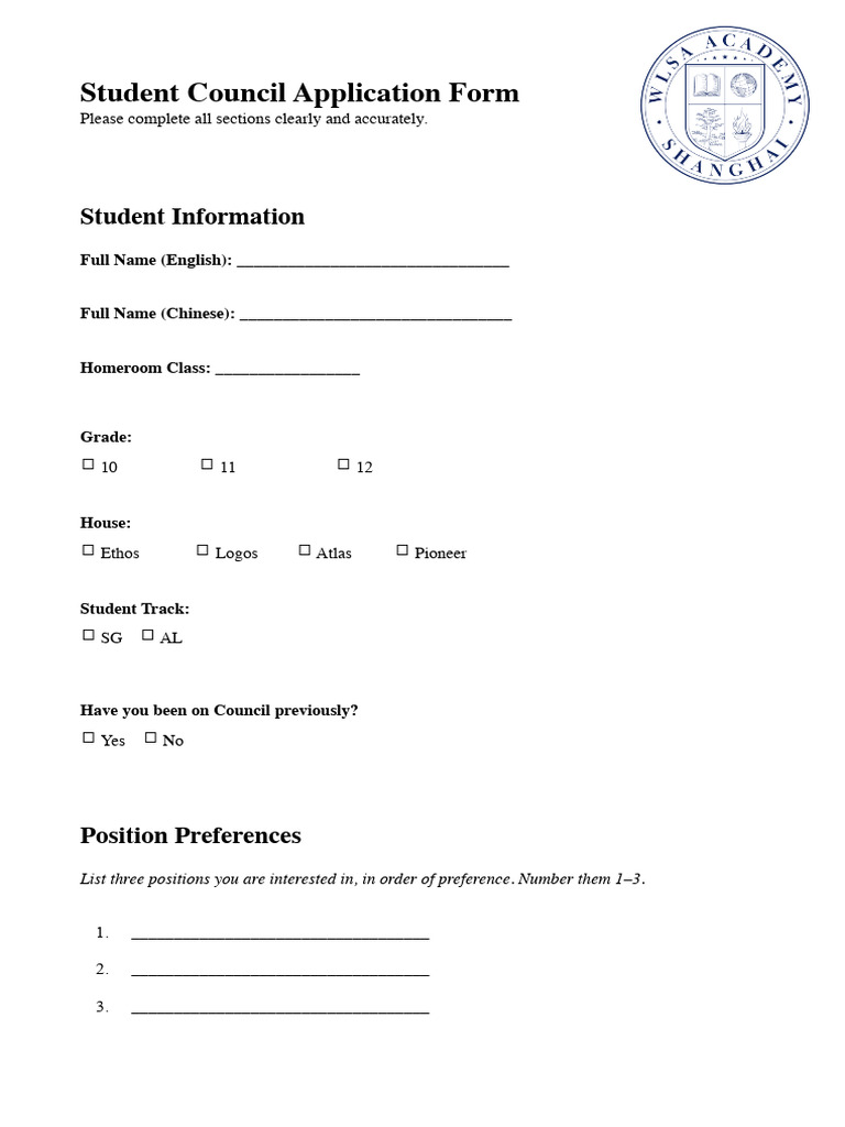 Student Council Application Form | PDF