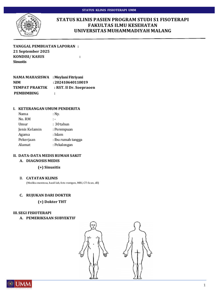 Status Klinis Fisioterapi Sinusitis UMM | PDF