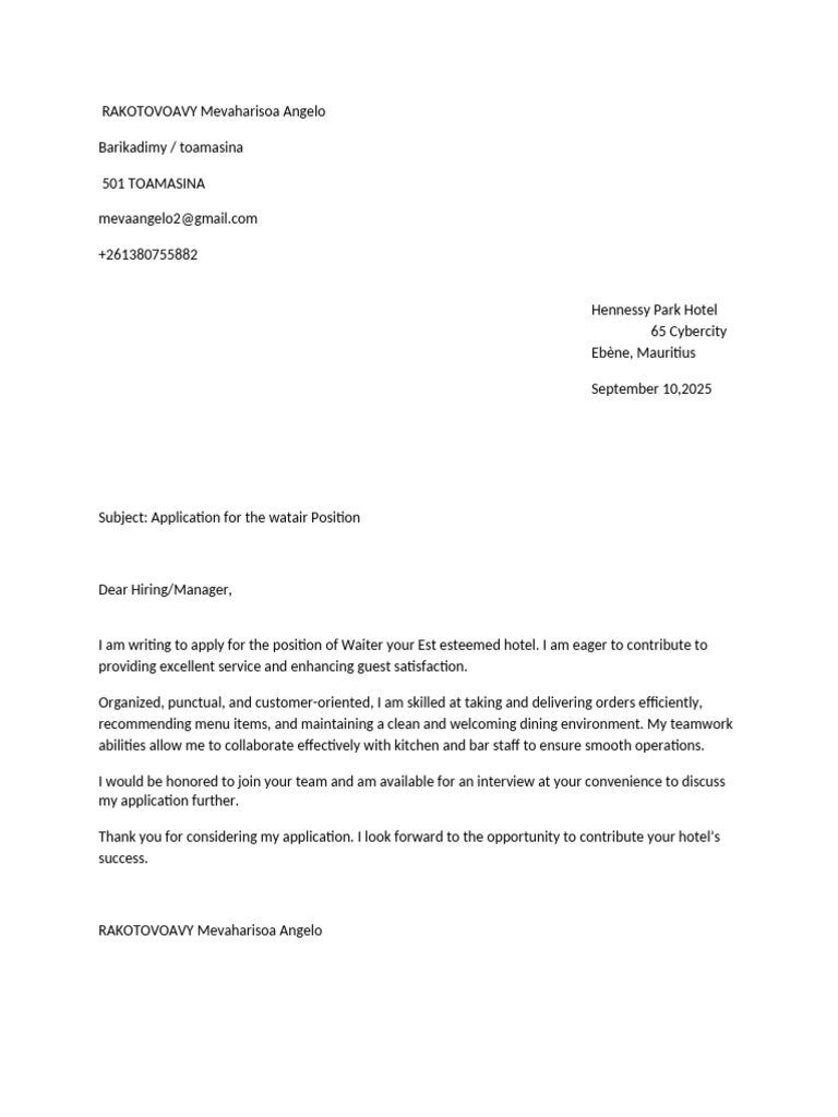 Cover Letter Waiter | PDF