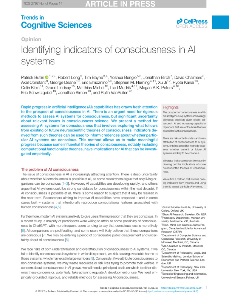 2025 - Identifying Indicators of Consciousness in AI Systems - The ...