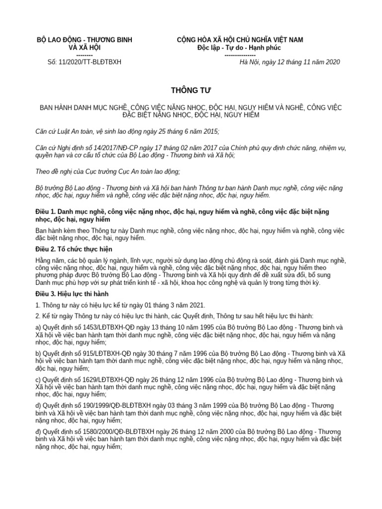 Thông Tư 11.2020.TT-BLĐTBXH Về Danh Mục Nghề Công Việc Nặng Nhọc Độc Hại | PDF
