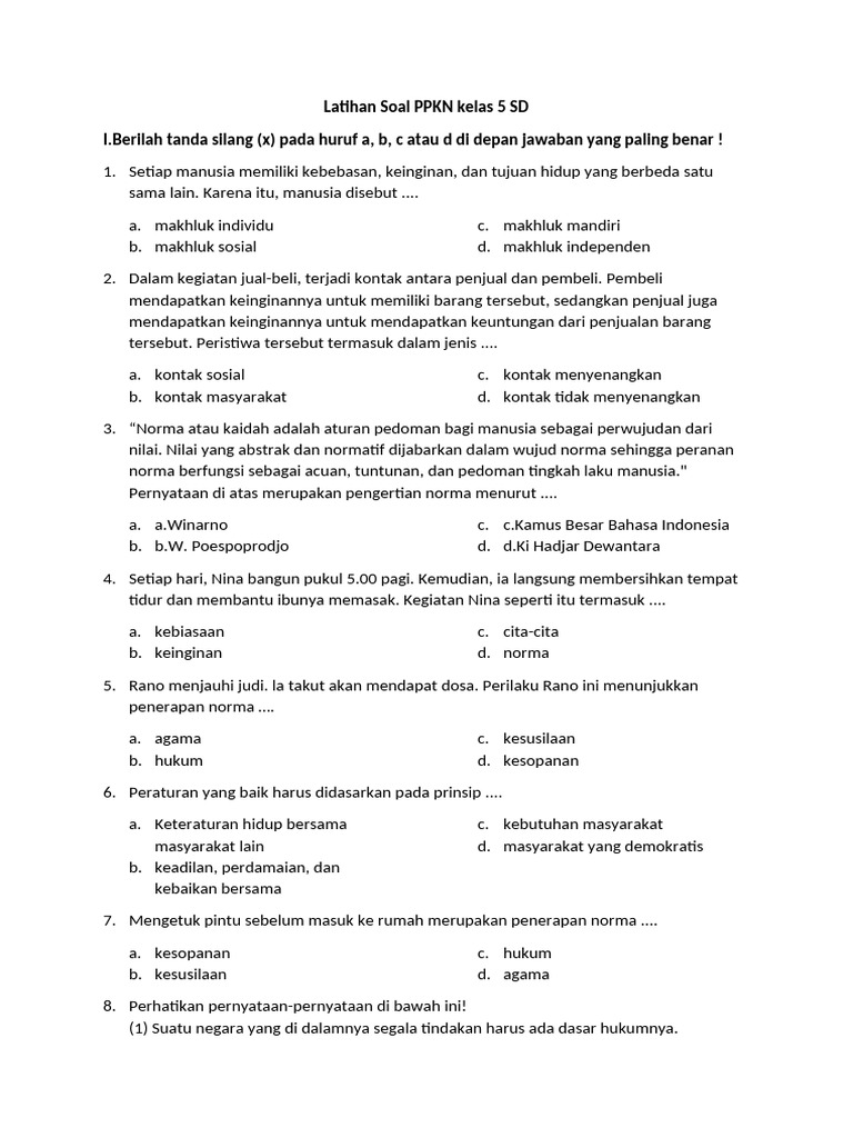Latihan Soal PPKN Kelas 5 SD | PDF
